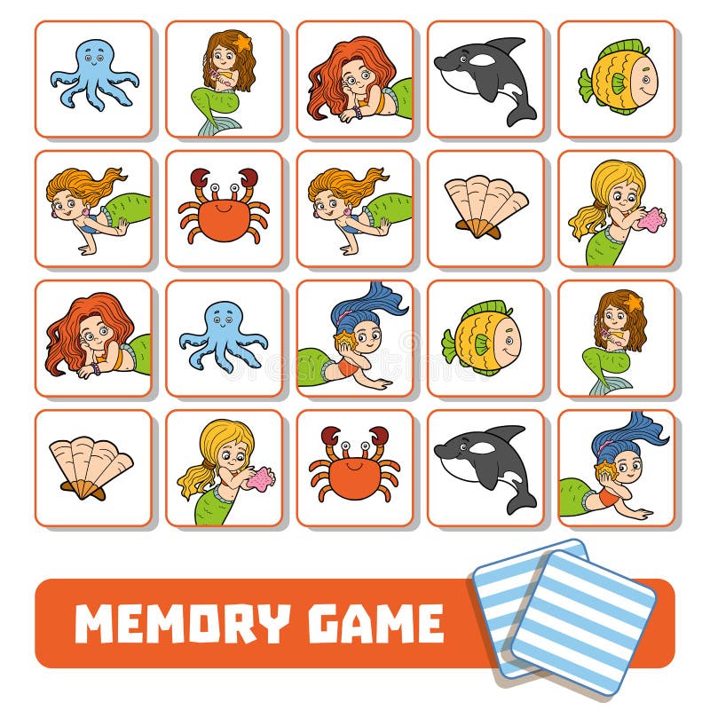 Memory Game for Children, Cards with Mermaids and Fishes Stock Vector ...