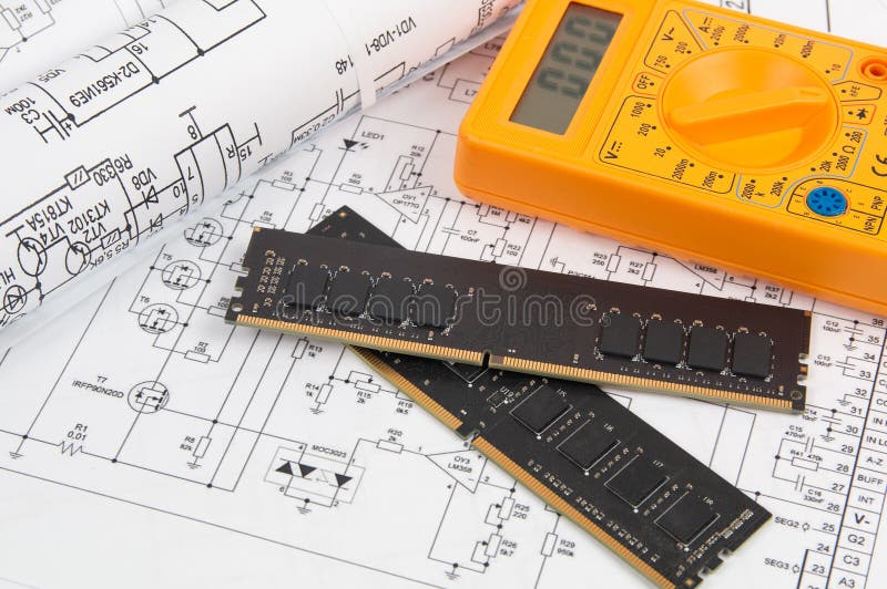 Module DIMM Type DDR4 and Digital Multimeter on Paper Electronics ...