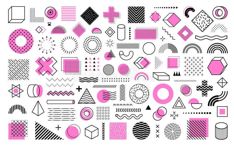 Memphis Geometric Shapes and Patterns Elements Set Stock Illustration ...