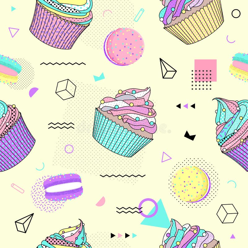 Memphis Seamless Pattern with Macaron and Cupcake. Vector Illustration ...