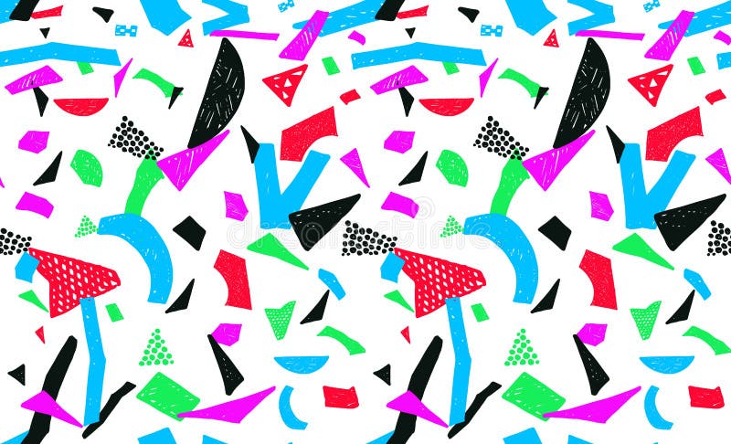 Memphis Seamless Pattern in Retro Style. Doodle Pattern Hand-drawn Pen ...