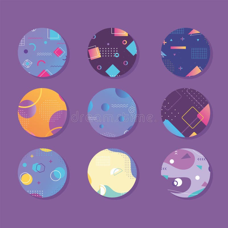 Memphis Style Abstract Creative Geometric Banner, Set in Round Shape ...