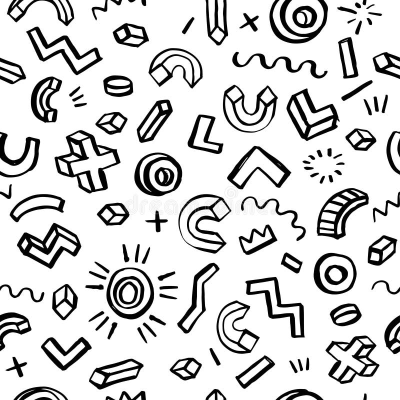 Memphis Style Eamless Geometric Hand Drawn Ink Pattern. Vector ...