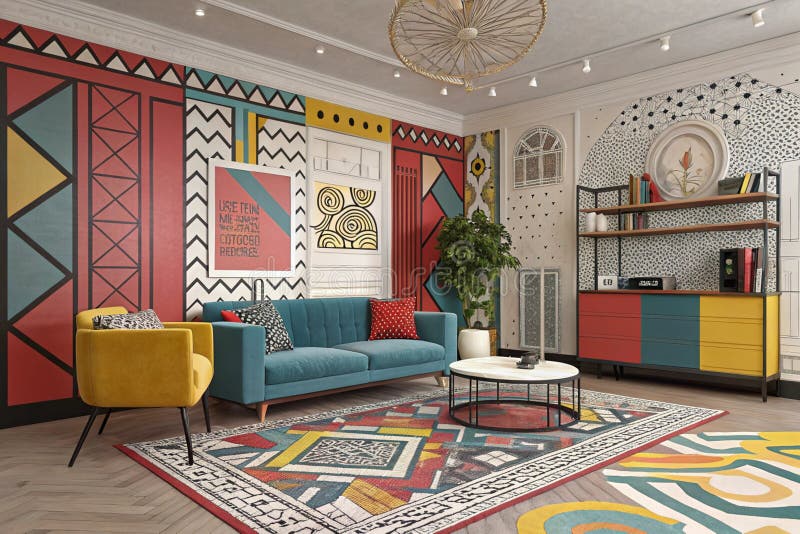Memphis Style Interior with Colorful Patterns Stock Illustration ...