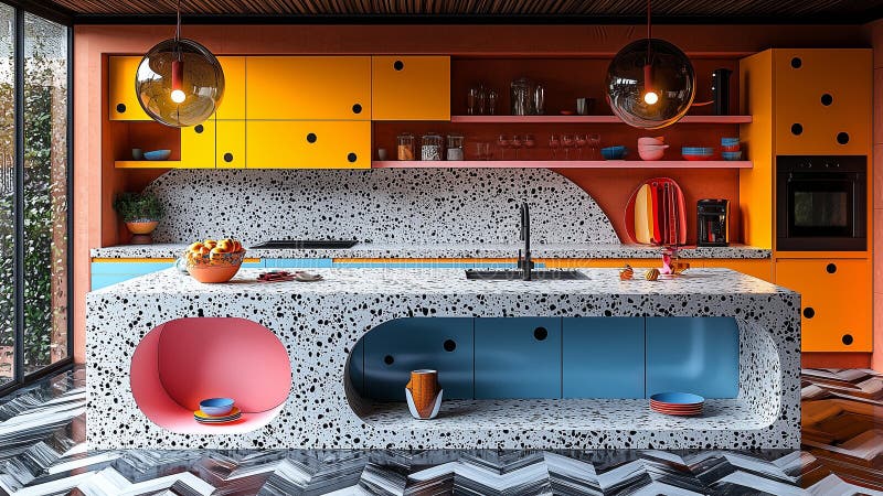 Memphis-style Kitchen Interiors with Terrazzo Surfaces Stock ...