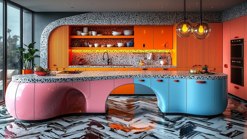 Memphis-style Kitchen Interiors with Terrazzo Surfaces Stock ...