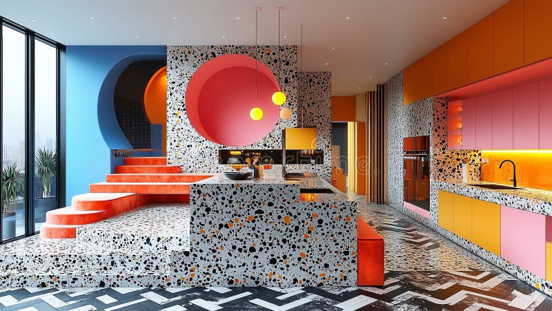 Memphis-style Kitchen Interiors with Terrazzo Surfaces Stock ...
