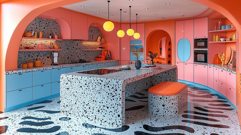 Memphis-style Kitchen Interiors with Terrazzo Surfaces Stock ...
