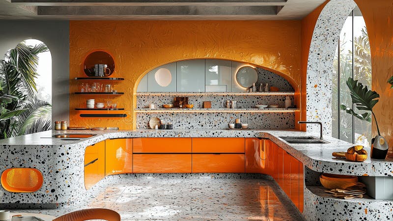 Memphis-style Modular Kitchen with Terrazzo Elements Stock Illustration ...