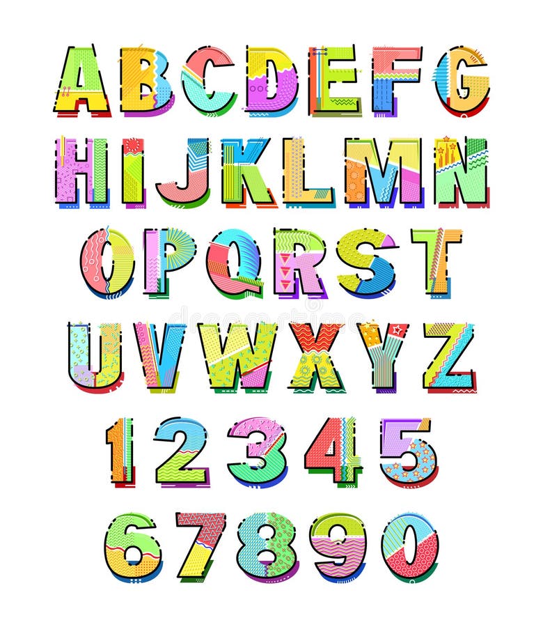 Memphis Style Alphabet. Uppercase Letters and Numbers Stock Vector ...