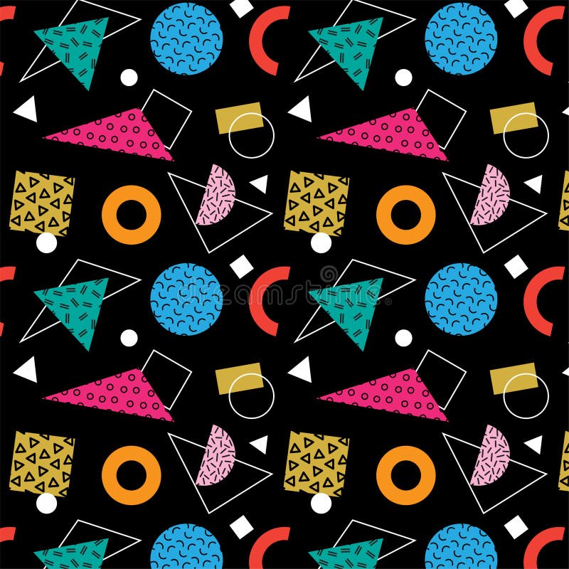 Memphis Vector Pattern on Black Stock Illustration - Illustration of ...