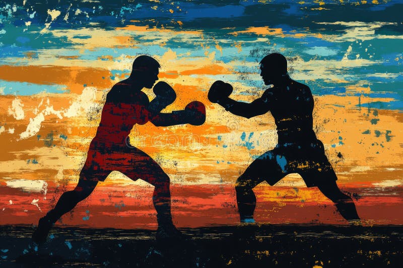 Men Boxing at Sunset with Orange and Pink Sky Background Stock Image ...