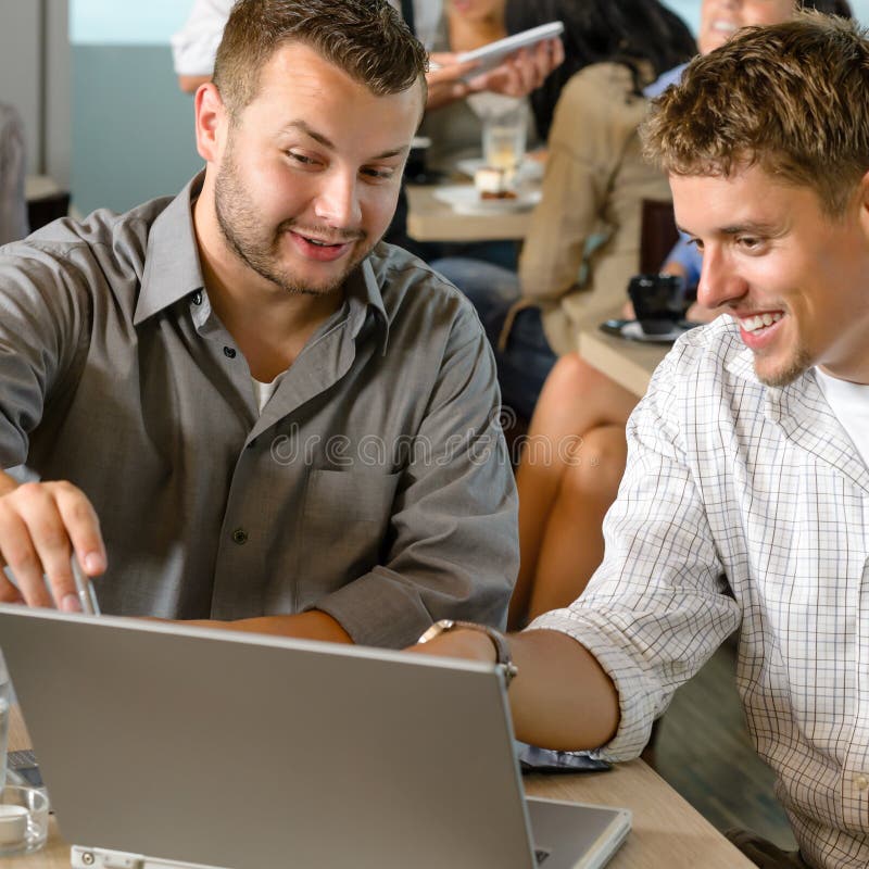 Men Business Partners Working on Laptop Cafe Stock Photo - Image of ...