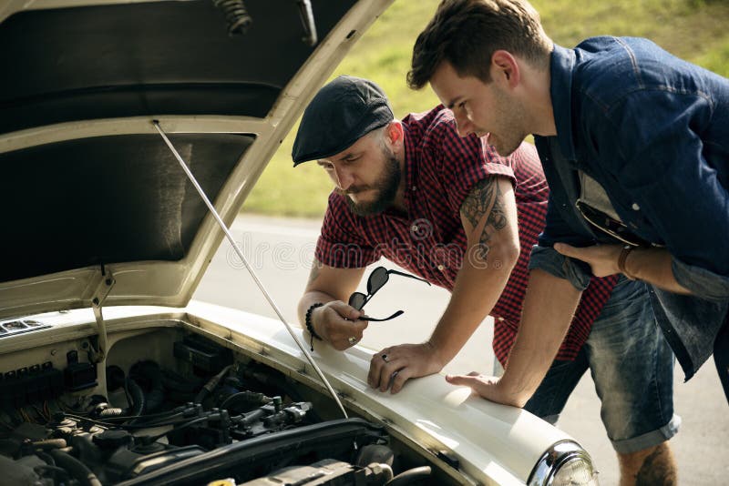 Men Checking Broke Down Car on Street Side with Open Hood Stock Image ...