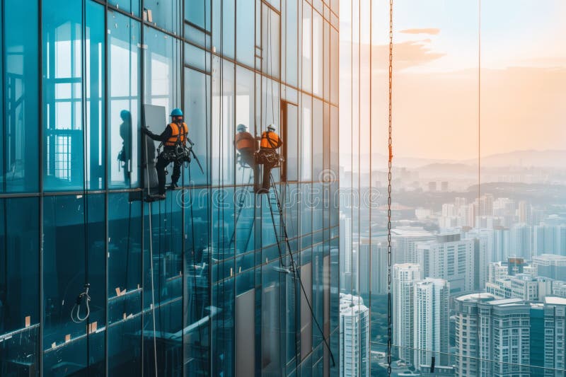 Men Cleaning Windows on a Skyscraper with Azure Sky As a Backdrop Stock ...