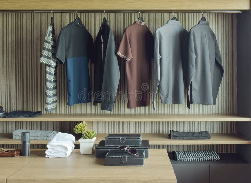 Men Cloths in Wooden Walk in Closet Stock Photo - Image of shoes ...
