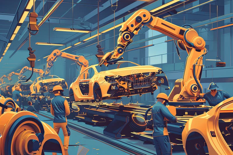 Men Collaborating on Car Assembly in Factory Setting Stock Illustration ...