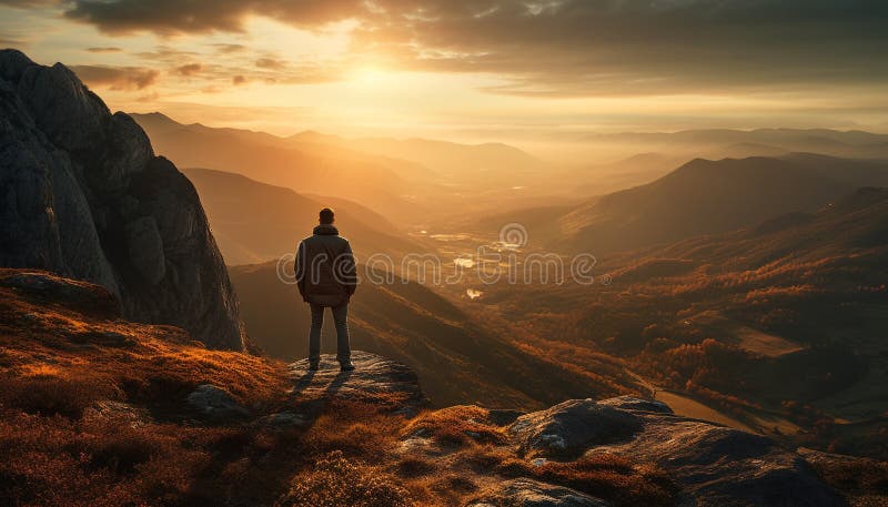 Men Conquer Mountain Peak at Sunrise, Backpacker Achievement in Hiking ...