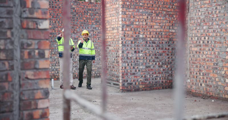 Men, Construction Site and Walking with Checklist for Inspection or ...