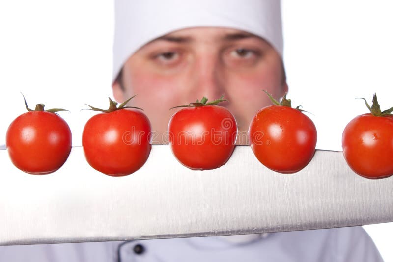 Men Cook. Cherry Tomatoes Cut into Stock Image - Image of worker, juice ...