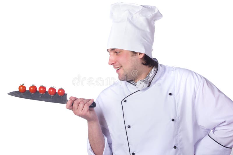 Men Cook. Cherry Tomatoes Cut into the Knife Stock Image - Image of ...