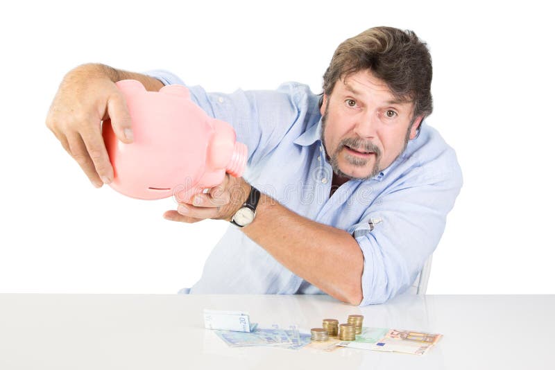 Men Counting His Saving Money from the Piggy Bank Stock Photo - Image ...