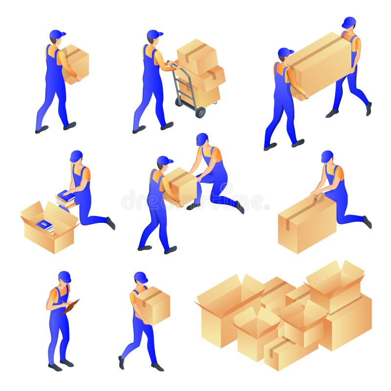 Men in Courier Uniforms Pack and Carry Mail Boxes. Vector 3d Isometric ...