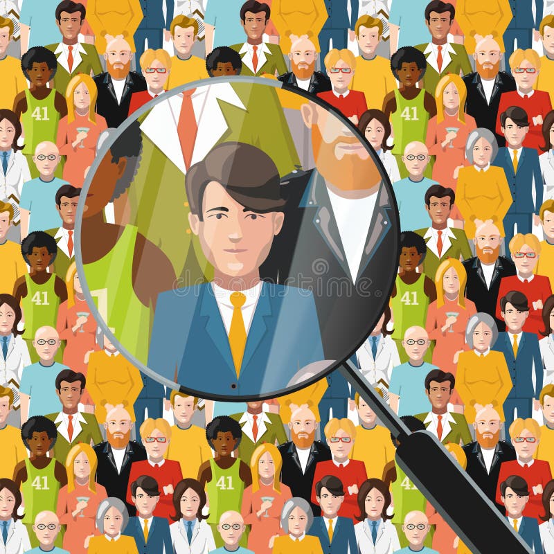 Men in Crowd Under Magnifying Glass, Flat Illustration Stock ...