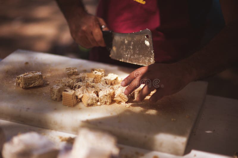 Men Cutting Italian Sweets on Market Stock Image - Image of hand ...