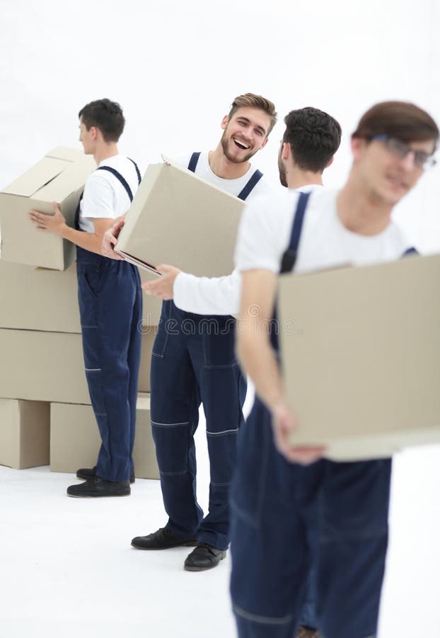 Men Delivering Box Isolated on White. Stock Image - Image of giving ...