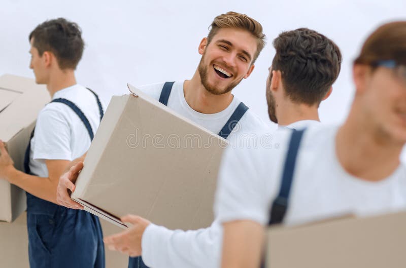 Men Delivering Box Isolated on White. Stock Image - Image of shipping ...