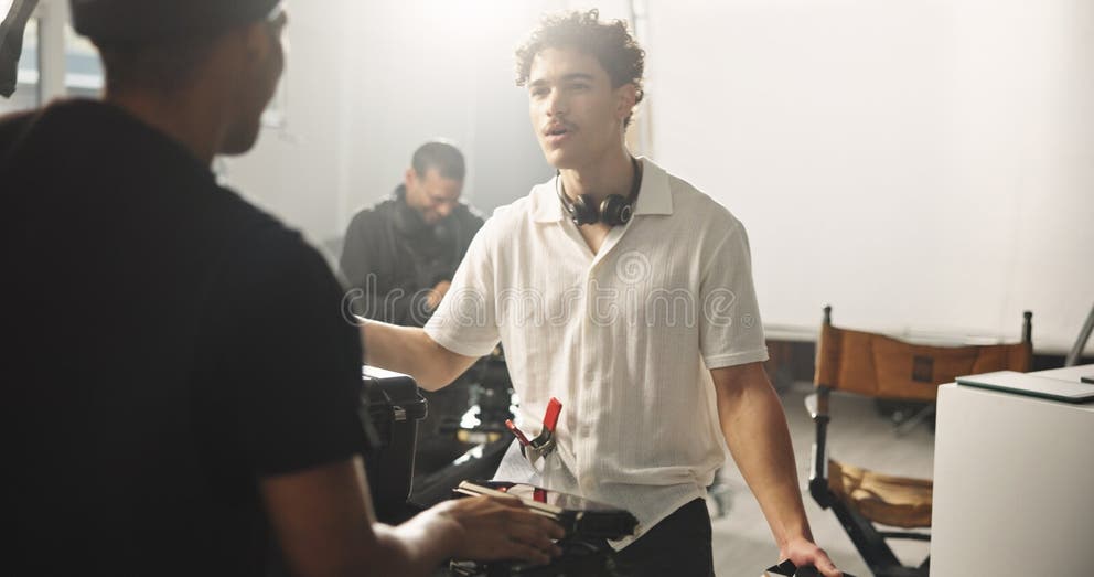 Men, Director and Talk with Tablet Backstage for Feedback, Script ...