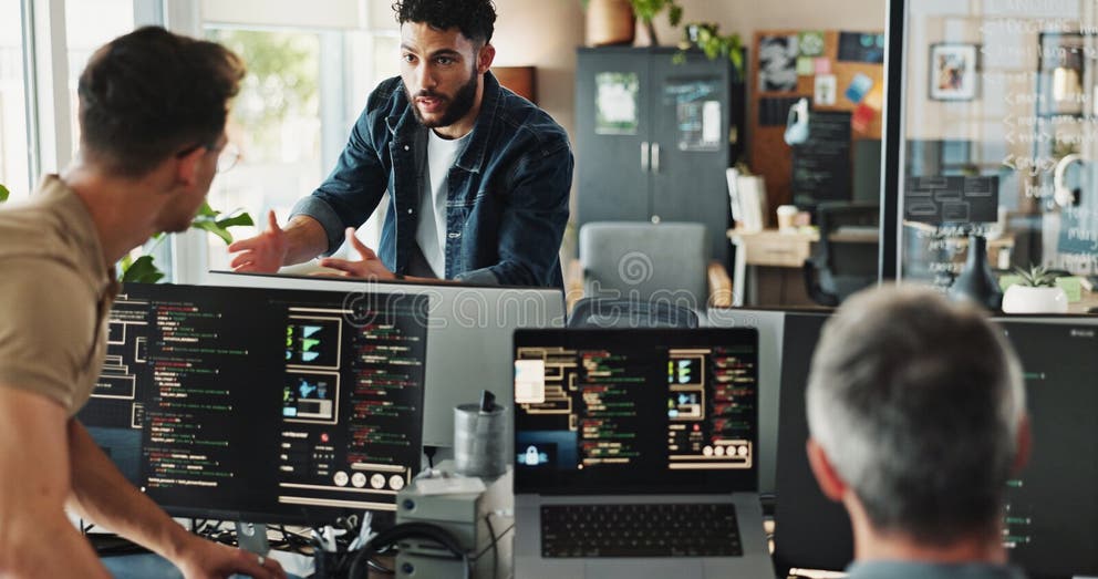 Men, Discussion and Programmer with Computer for Coding Solutions, Problem Solving or Idea at ...