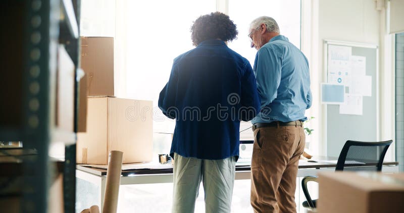 Men, Discussion and Tablet with Boxes for Distribution Industry ...