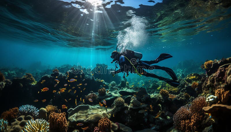 Men Diving into Underwater Adventure, Exploring Nature Deep Blue Reef ...