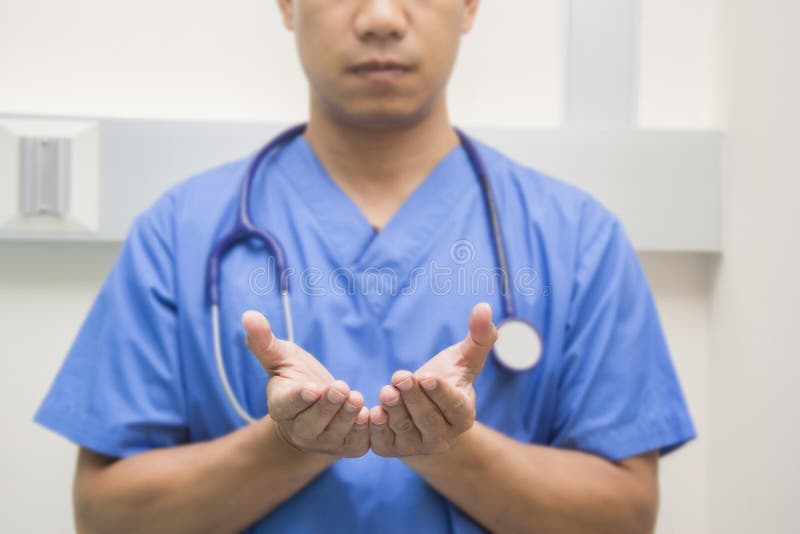 Men Doctor Show Hand Stetoscope on the Neck Selective Focus Hand Stock ...