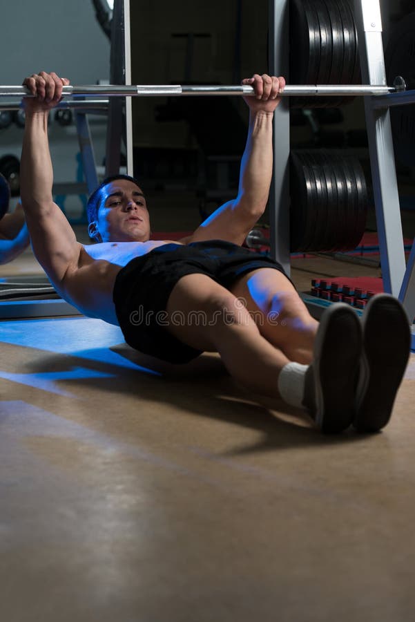 Men Exercising Back on Horizontal Barbell Pull Up Stock Photo - Image ...