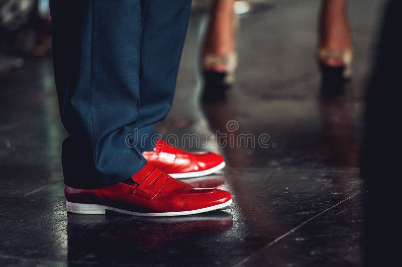 Men Feet in Classical Pants and Trendy Red Shoes Stock Image - Image of ...
