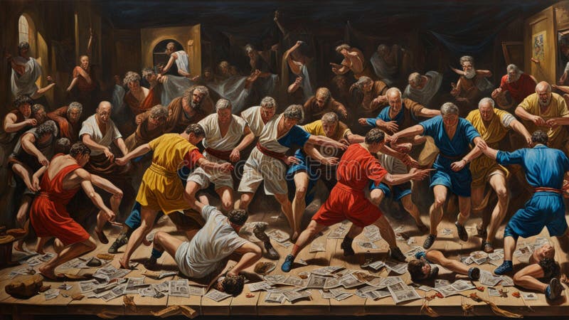 Men Fighting in a Room with Newspapers on the Floor-Dramatic Scene ...