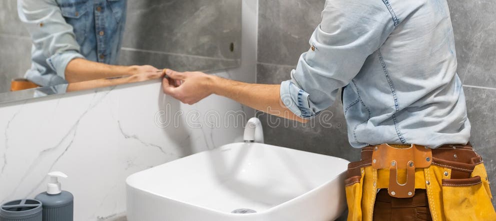 Men Fixing a Sink in Bathroom Stock Image - Image of joining, disabled ...