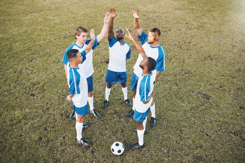 Men, Football Team and Stretching in Circle on Field for Training ...