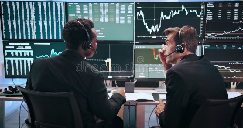 Men, Graphs and Computer Screen for Trading, Analysis and Headset with ...