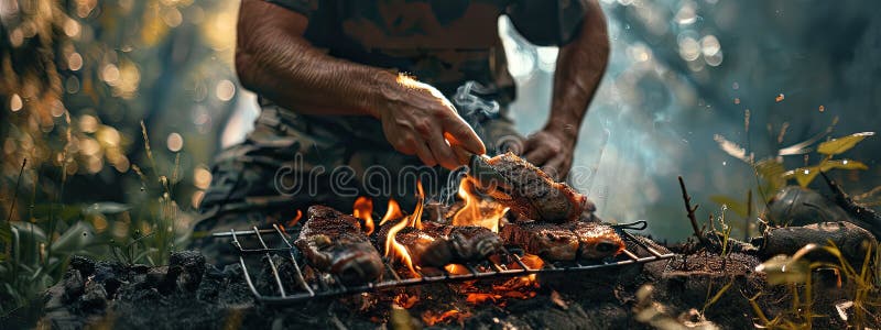 Men Grill Meat Outdoors. Selective Focus Stock Illustration ...