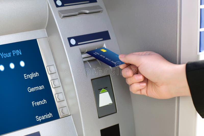 Men Hand Businessman Puts Credit Card into ATM Stock Image - Image of ...