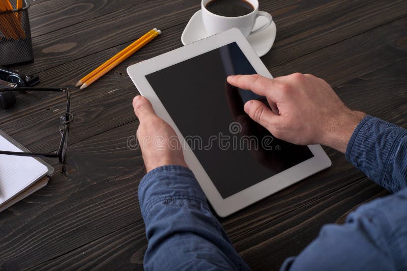 Men Hand Clicks on the Tablet Screen Closeup Stock Photo - Image of ...