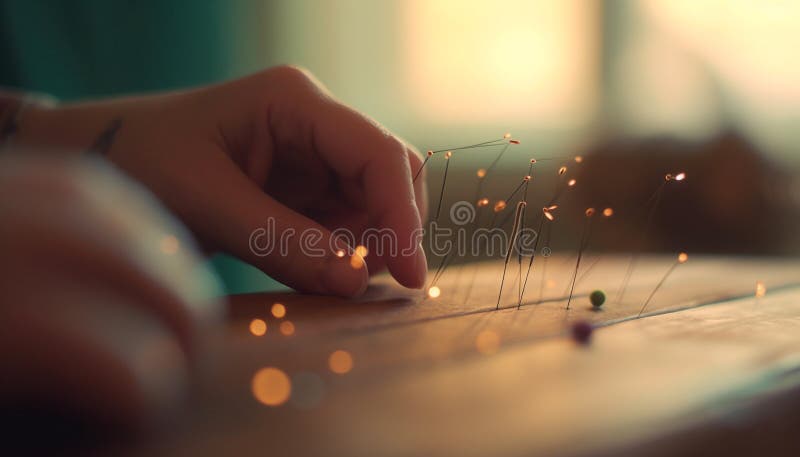 Men Hand Holding Equipment, Sewing with Creativity, Backlit by Sunlight ...