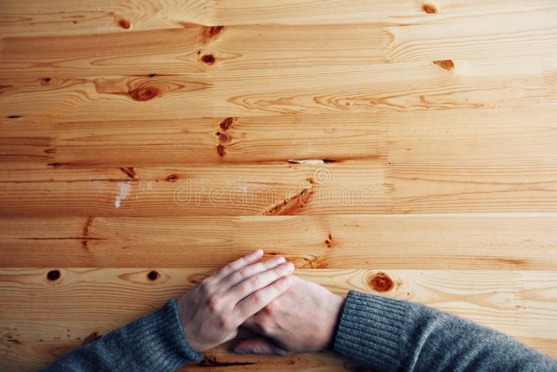 A Men Hands on a Blank Wood Desk, Top View at the Studio. Stock Photo ...