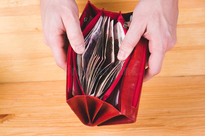 Men Hands Opening Red Wallet with Russian Money. Money Saving Co Stock ...