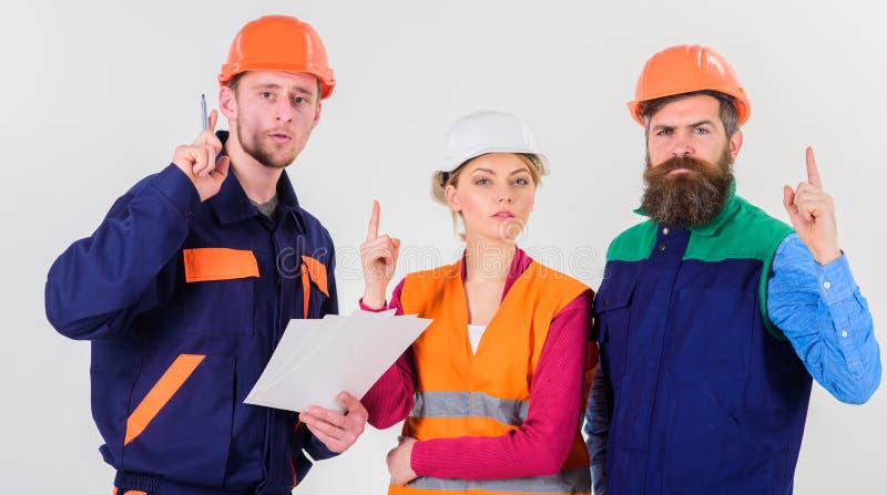 Men in Hard Hats, Uniform and Woman. Solving Problems Concept Stock ...