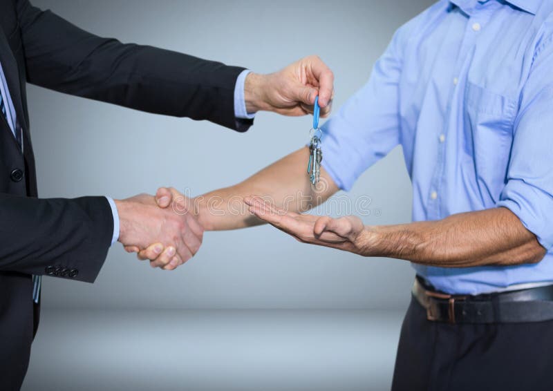 Men Holding Keys Handshake in Front of Vignette Stock Image - Image of ...